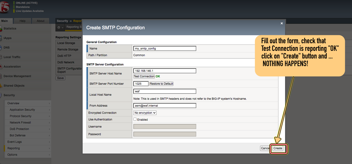 Create SMTP Configuration button in ASM/Reporting does not work! | DevCentral